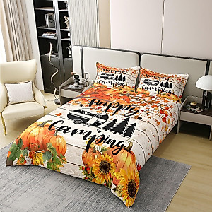 Happy Camping 100% Cotton Queen Duvet Cover Watercolor Orange Maple Leaves Pumpkin Bedding Set for Kids Teens Adults Retro Sunflowers Retro Wooden Stripes Comforter Cover,2 Pillowcases,No Comforter