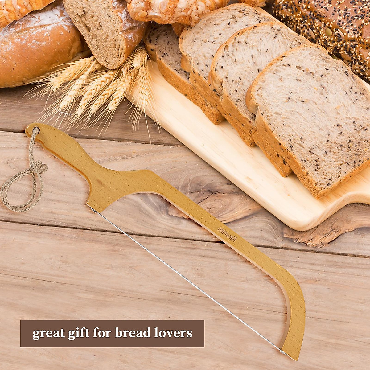 NewmeniDesign Sourdough Bread Knife with Bag: 16'' Sharp Sourdough Slicer with Knife Protector - Cuts Easily Bread Bow Knife for Every Kitchen - Durable Wooden for Fruit Cake Cheese and Baking