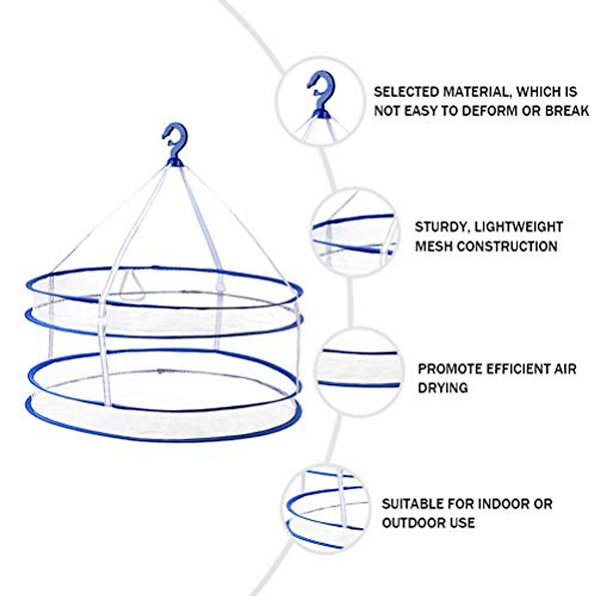 Healifty 1pc Hanging Mesh Dryer Gauze Steel Wire Round Shaped Windproof Detachable Double- Layer Foldable Clothes Drying Net Steel Ring Design Flat Clothes Drying Net for Underwear Lingerie (Blue)