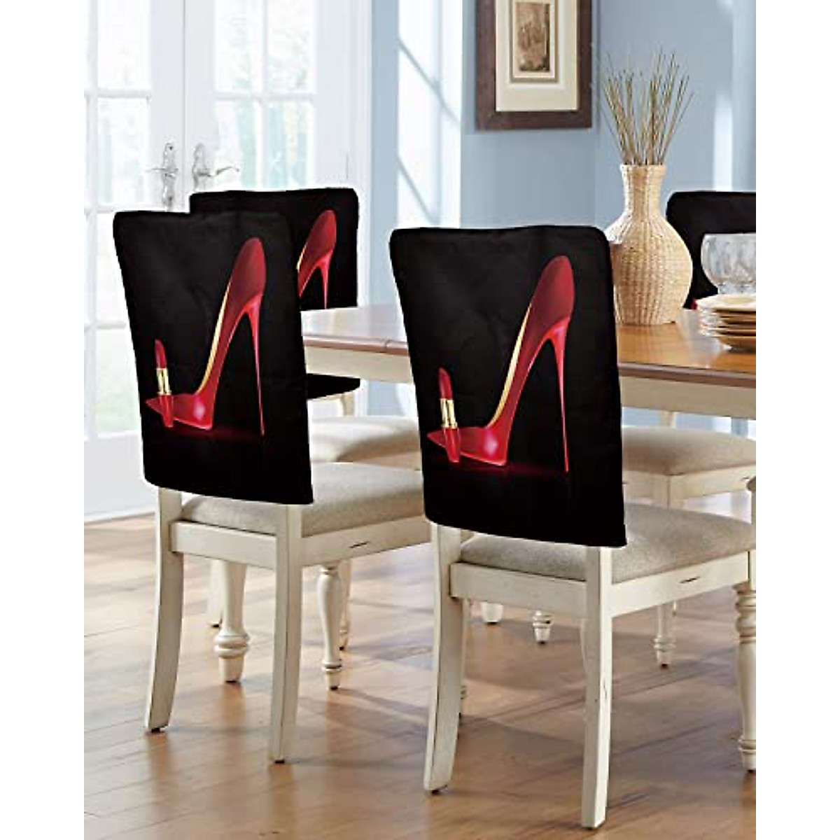 Maliyand Chair Back Cover, Red Lipstick High Heel Shose Black Chair Covers Removable Chair Protector Slipcover for Dining Room, Kitchen, Restaurant, Set of 6