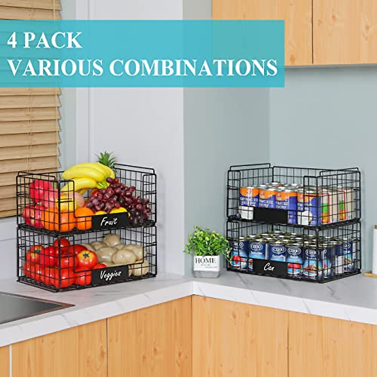 4 Pack XXL Stackable Wire Baskets with Handles for Pantry Storage and Organization,Fruit and Vegetable Basket with Name Plates,Metal Storage Bins for Snack Can Fruit Veggies