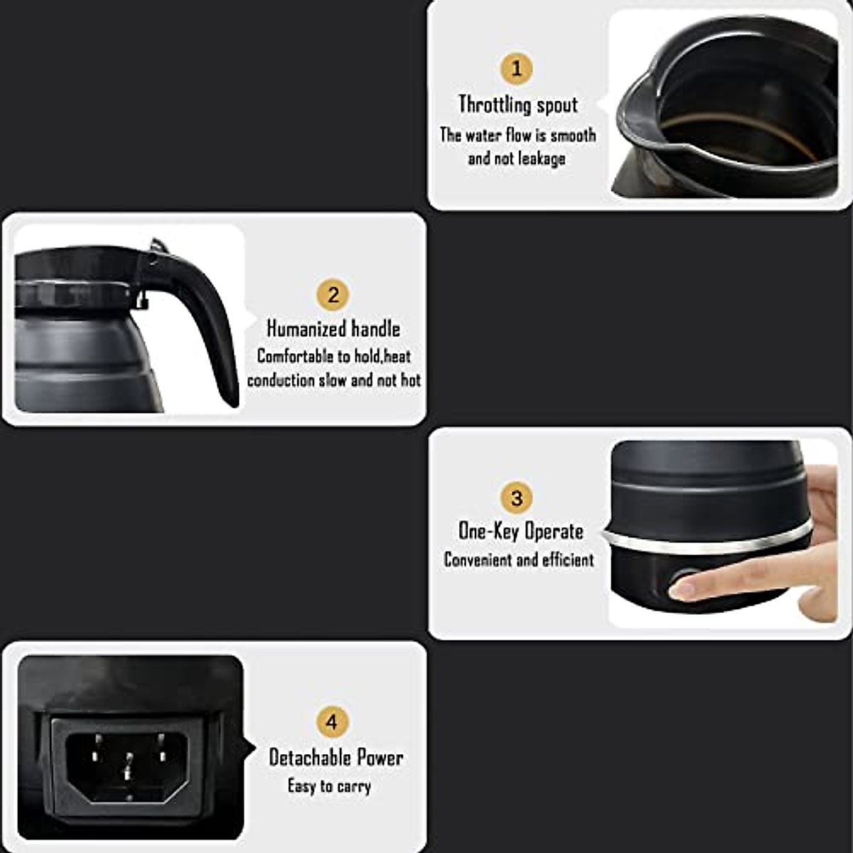VANZO Foldable Electric Travel Kettle - Portable and Convenient Silicone Collapsible Water Boiler and Tea Pot for Camping - Easy Storage with Detachable Power Cord (Black) , (WHH-649)