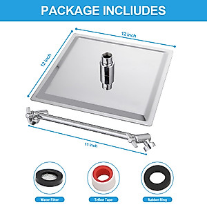 Shower Head with Adjustable Shower Arm - Sarlai 12 Inch Rain Shower Head Solid Square Ultra Thin 304 Stainless Steel with Solid Brass 11 Inch Adjustable Extension Arm, Chrome Finish