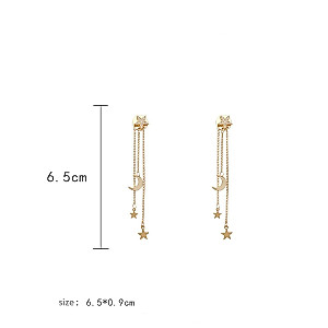 Asymmetrical Star Moon Tassel Drop Dangle Earrings for Women Dainty Long Lucky Star Crescent Planet Chain Tassel Earrings (Gold:A)