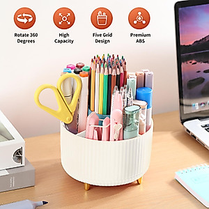 Desk Pen Holder, 5 Slot 360 Rotating Pen Organizer for Desk, Desktop Storage Stationery Supplies Organizer, Cute Pencil Cup Pot for Office, School, Home, Art Supply, Beige