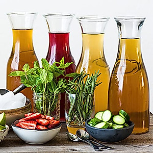 Kingrol 4 Pack Glass Pitchers, 34 Ounces/1 Liter Narrow Neck Glass Carafes for Water, Juicing, Iced Tea, Beverage, Wine, Mimosa Bar Supplies