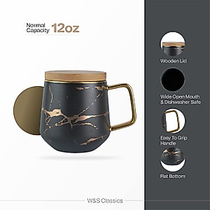 Classic Ceramic Kintsugi Style Black Coffee Tea Mug with Gold Inlay, Spoon and Bamboo Lid- 12 OZ, Large Mugs for Men and Women, Unique Design, Perfect Novelty Gift- Dishwasher Safe