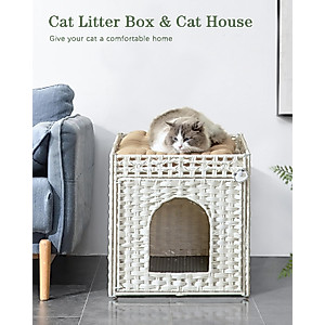 SETVSON Cat Litter Box Enclosure Cat Litter Box Furniture Hidden with Cat Litter Mat, Cat Litter Box Furniture with Two S-Shaped Hooks, Handwoven Rattan Cat House for Living Room, Bedroom, (White
