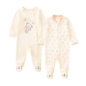 pureborn 2-Pack Baby Girls Footed Pajamas Infant Seamless Long Sleeve Cotton Footies Sleep and Play White + Beige Bear 0-3 Months