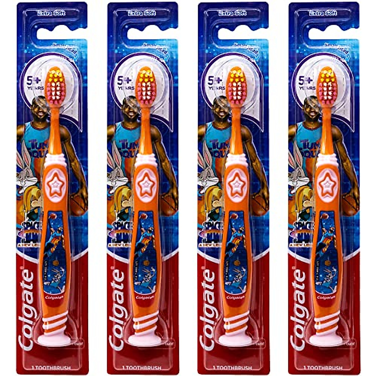 Colgate Space Jam Kids Toothbrush with Suction Cup, 5+ Years, Extra Soft (Colors Vary) - Pack of 4