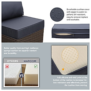 WAROOM Outdoor Patio Furniture Set 11 Piece Dark Brown Rattan Sectional Sofa PE Wicker Conversation Chairs with 45" Propane Fire Pit Table and Non-Slip 5" Thick Navy Blue Cushion