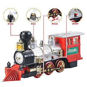 JOYIN Christmas Train Set with Real Smoke, Battery Operated Electric Train Set Including Steam Locomotive Engine, Passenger Car, Gift Car, 2 Xmas Elves, 1 Santa Santa and More! Best Xmas Train Gifts