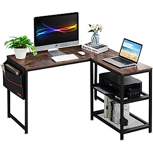 VECELO L Shaped Computer Desk with Storage Bag & Reversible Shelves, 47" PC Wooden Table for Home Office Bedroom, Writing Study Workstation with Metal Frame, Brown