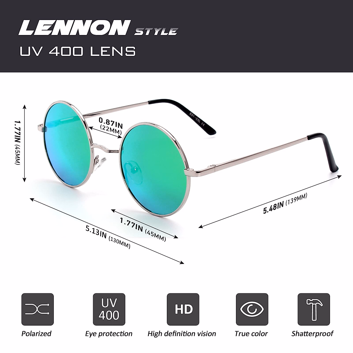 CGID E01 Lennon Polarized Sunglasses with Case for Women Men Circle Round Retro Vintage Sun Glasses Circular Shades Sliver Metal Rimmed Green Mirror Lens, Small 45mm, Gift Package