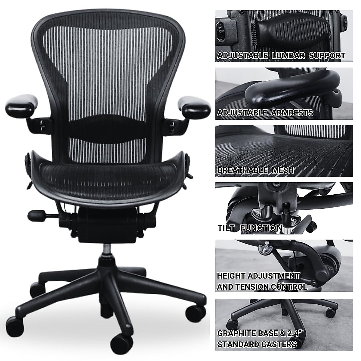 Aeron Herman Miller Office Chair Size B | Fully Adjustable with All Features Included| Quick and Easy Assembly| Renewed| 10 Year Warranty| Hardwood Floor Roller Blade Style Wheels Included