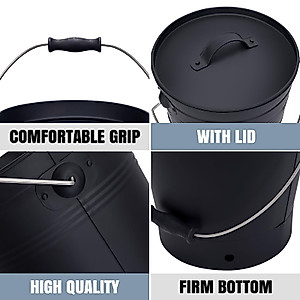 INNO STAGE Ash Bucket with Lid and Wood Handle Coal Shovel, Ash Carrier Pail Fireplace Tools,Fire Pit,Wood Burning Stove Black