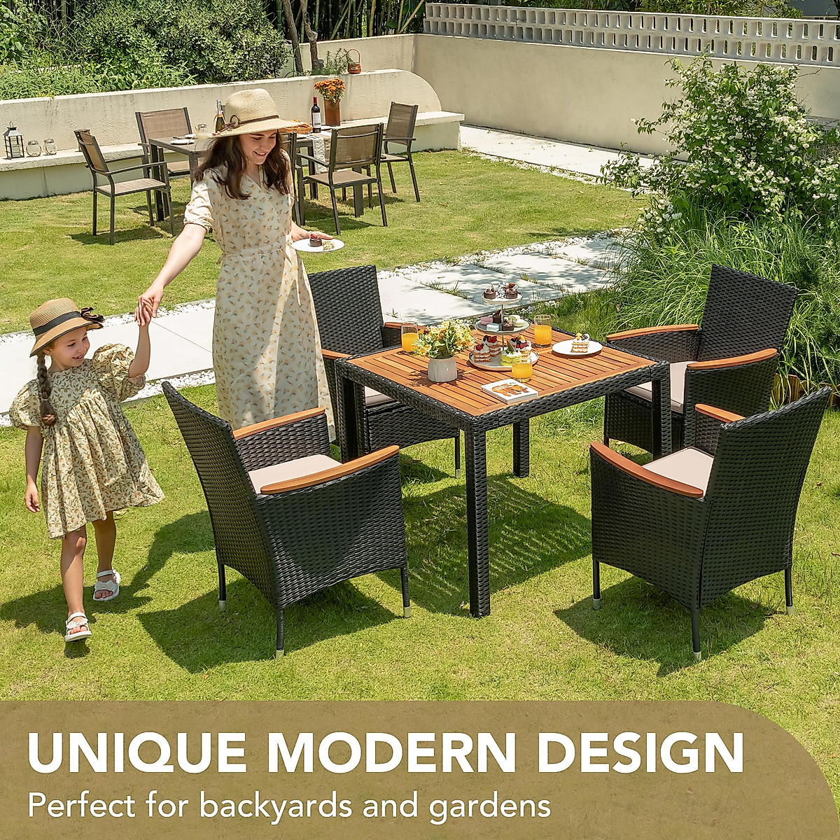 Devoko 5 PCS Furniture, Patio Conversation Set with Acacia Wood Top, Rattan Outdoor Dining Table and Chairs for Backyard, Garden, Deck, Black