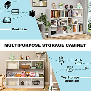 Grepatio Kids Bookshelf and Toy Storage Organizer, 3 Tier 8-Section Storage Daycare Shelf for Playroom, Children 3-Tier Open Wooden Display Book Shelf Organizer for Playroom, Classroom