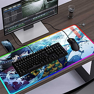 RGB Large Gaming Mouse Pad Anime Giyu Sword,Laptop Desk Pad,Mousepad with Stitched Edge Frame & Non-Slip Rubber Base,Computer Keyboard and Mice Pads Mouse Mat 31.5X15.7