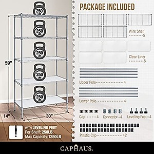 CAPHAUS NSF Silver Grey Adjustable Wire Shelving Unit w/Liner, Metal Steel Storage Shelves, Utility Shelf, Garage Shelving Storage Organizer, Kitchen Storage Shelving, w/Liner, 5-Tier no Wheel