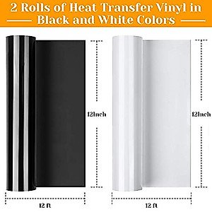12" x 24ft Heat Transfer Vinyl Rolls, Flasoo 2 Rolls Black and White HTV Iron on Vinyl for Shirts, Compatible with Cricut, Cameo, Heat Press Machines, Sublimation (12 Inches by 12 Feet Per Roll)