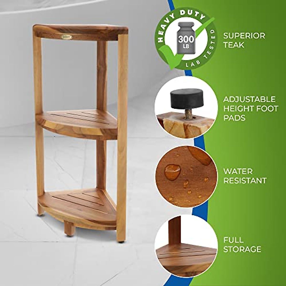 EcoDecors Snazzy Corner Teak Shower Corner Shelf 33" Radius 18” Tall Natural Wood Corner Shower Seat Spa Bench with Shelf Corner Stool for Shower in Earthy Teak Finish