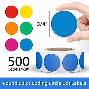 3000 PCS Printholic 3/4" Round Color Coding Circle Dot Sticker Labels 6 Color Includes Bright Yellow Green Red Pink Orange Blue(500 Labels/Roll)