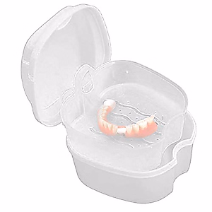 AJILOWSX Denture Bath Box Case Dental False Teeth Storage Box with Hanging Net Container