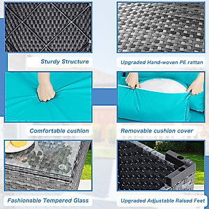 Shintenchi 7 Pieces Outdoor Patio Sectional Sofa Couch, Silver Gray PE Wicker Furniture Conversation Sets with Washable Cushions & Glass Coffee Table for Garden, Poolside, Backyard (Sky Blue)