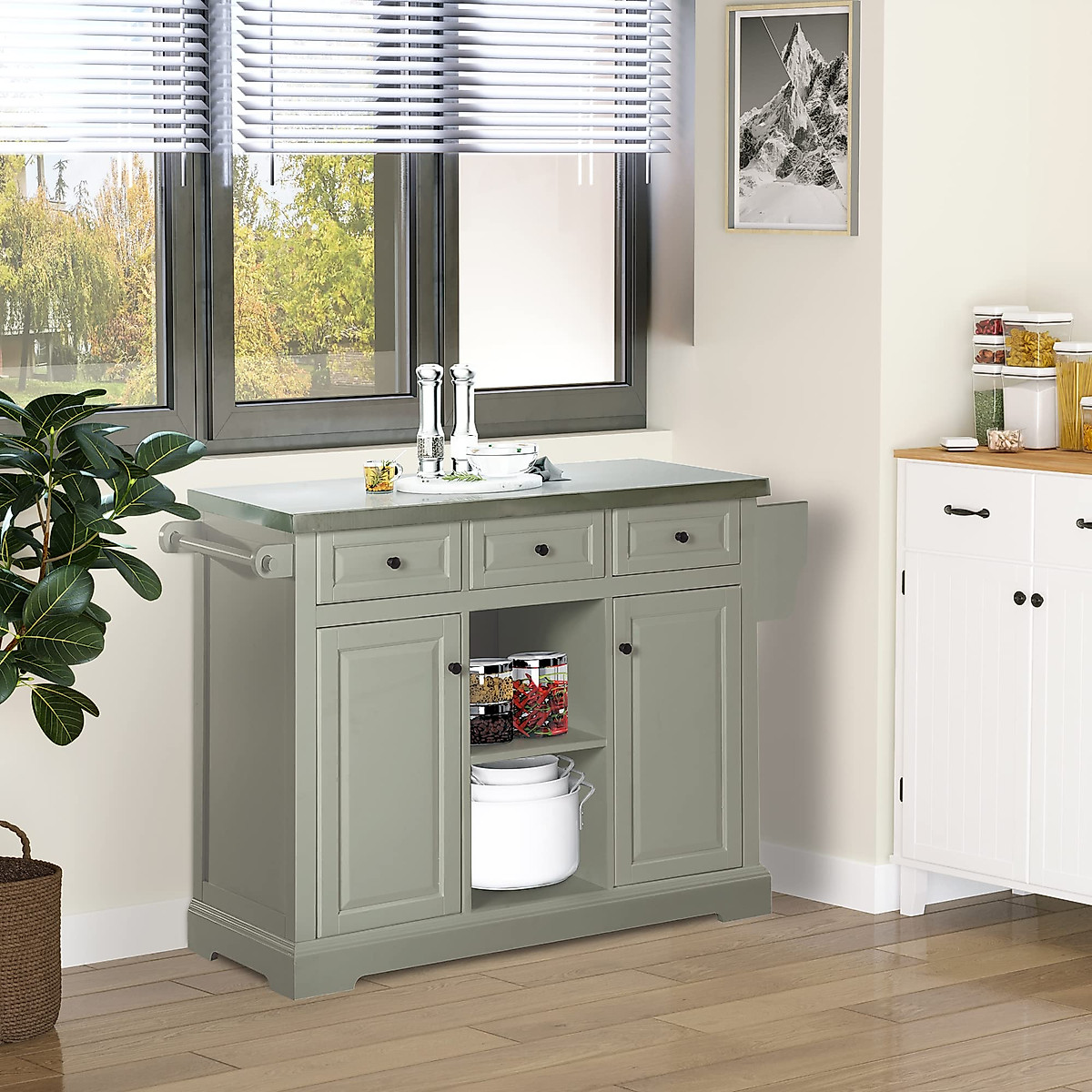 HOMCOM Rolling Kitchen Island with Storage, Kitchen Cart with Stainless Steel Top, Spice Rack & Drawers, Gray