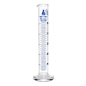 EISCO Graduated Cylinder, 50ml - Class A Tolerance ±0.50ml - Round Base - Blue Graduations - Borosilicate 3.3 Glass