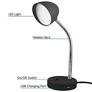 MaxLite LED Desk Lamp with USB Charging Port, Black Desk Lamp, Adjustable Neck, On/Off Switch, Modern Table Lamp for Reading, Work or School, Warm Gentle Light