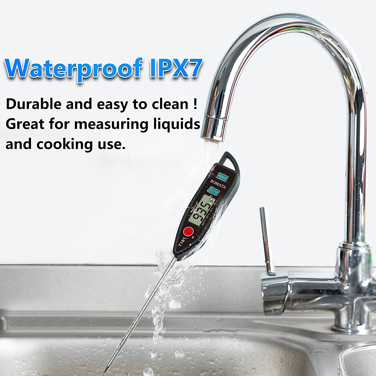 BOMATA Waterproof IPX7 Thermometer for Water, Liquid, Candle and Cooking. Instant Read Food Thermometer with Long Probe for Cooking, Meat, BBQ! T101 (Black Color)…