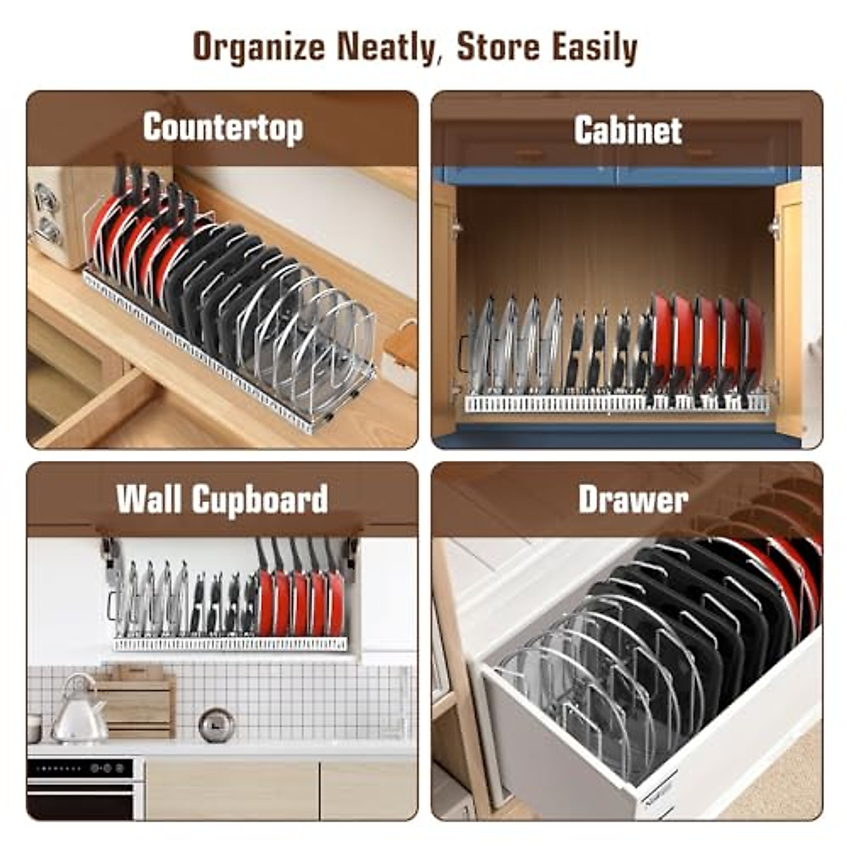 Housolution Pot Lid Organizer, Stainless Steel Expandable Pot and Pan Organizer with 14 Adjustable Dividers, Pan Storage Rack Lid Holder for Cabinet, Silver