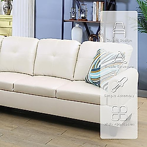 HOMVET Peaerl Faux Leather Sectional Sofa Furniture Set,L-Shape Couch with Left Chaise,Storage Ottoman,and 2 Pillows,for Living Room/Apartment/Office, Pearl White