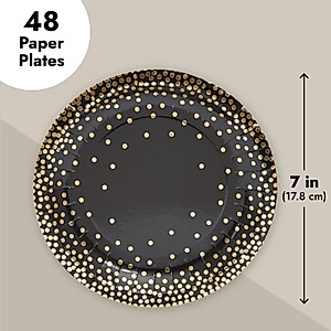 BLUE PANDA 48-Pack Black and Gold Party Plates, 7 Inch Paper Plates for Birthday Cake and Desserts