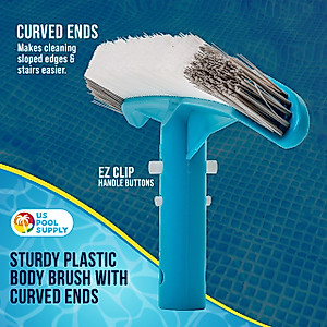 U.S. Pool Supply Professional 16" Floor & Wall Pool Brush with Nylon Bristles, Curved Ends, EZ Clip Handle - Cleaning Removing Sweeping Leaves & Debris from Walls, Floors, Steps - Pool Maintenance