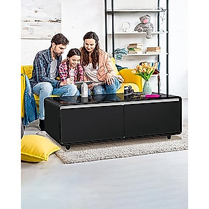 LIVTAB Smart Coffee Table, 27.8" D x 51" W x 18.1" H, Living Room Table with Built in Fridge and Speakers, Smart Table with 15W Wireless Charging, USB Chargers and 110V Outlets (Black)