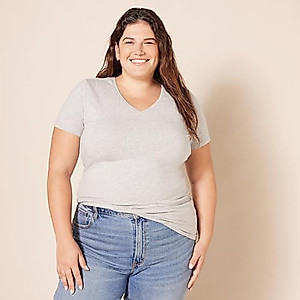 Amazon Essentials Women's Classic-Fit 100% Cotton Short-Sleeve V-Neck T-Shirt (Available in Plus Size), Pack of 2, Light Grey Heather/Bright Pink, Medium