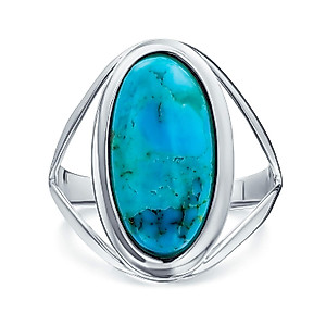 Simple Southwest Boho Style Large Dome Oval Cabochon Gemstone Bezel Set Blue Turquoise Western Statement Ring For Women Split Band .925 Sterling Silver