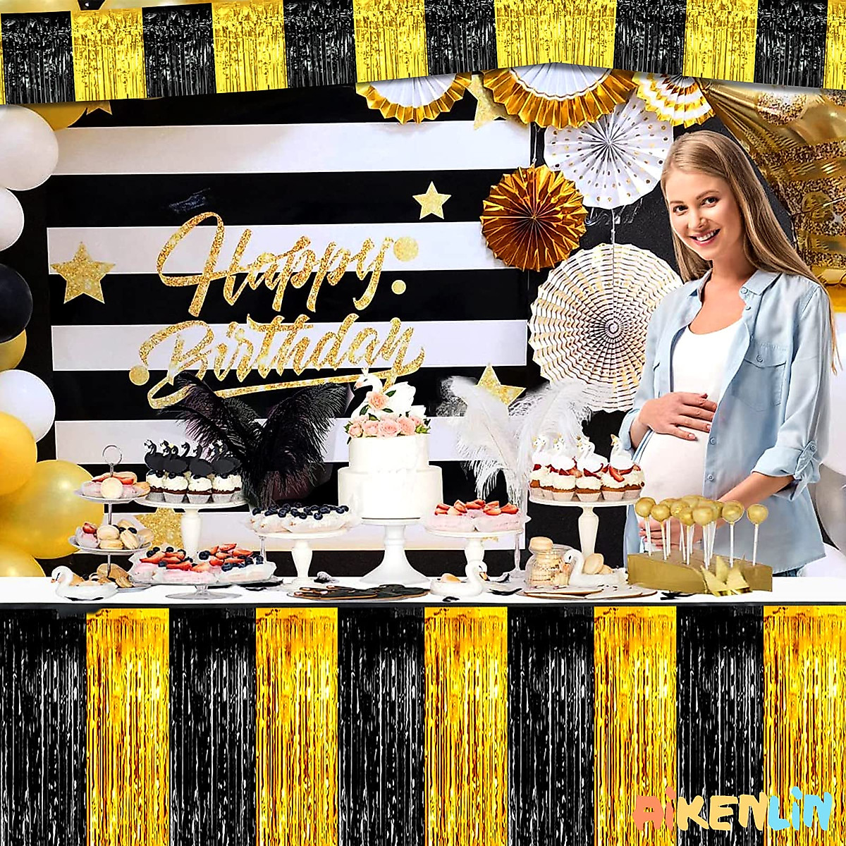 6 Pack 10 Feet Foil Fringe Garland Metallic Tinsel Streamers Banner Wall Hanging Backdrop for Parade Floats, Bachelorette, Wedding, Birthday, Graduation Party Decorations(Black Gold)