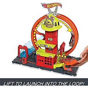 Hot Wheels Toy Car Track Set City Super Loop Fire Station & 1:64 Scale Firetruck, Connects to Other Sets