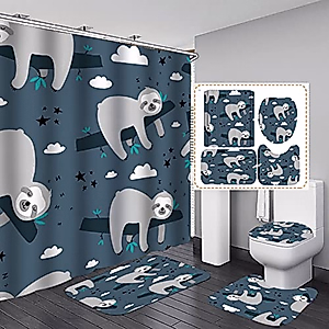 CERYUEE Sloth Shower Curtains Set Cute Animal Bathroom Set 4 Piece Kawaii Sloths Bathroom Decor with Rugs,Toilet Lid Cover,Bath Mat,72x72inch