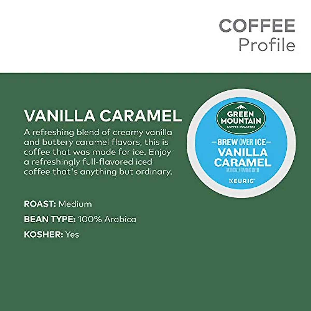 Green Mountain Coffee Roasters Brew Over Ice Vanilla Caramel, Single Serve Keurig K-Cup Pods, Flavored Iced Coffee, 12 Count