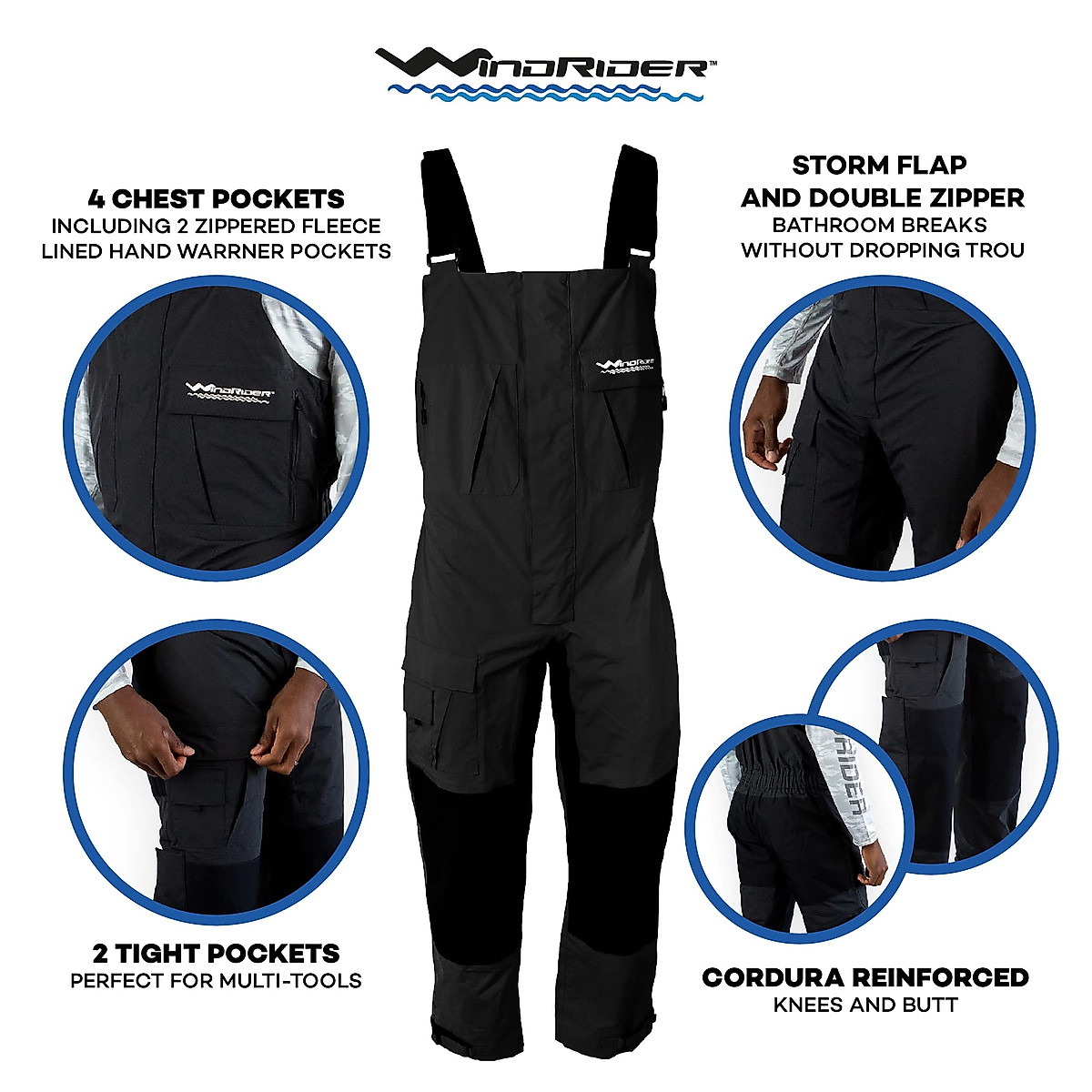 WindRider Pro Foul Weather Gear - Rain Suit - Jacket + Bibs - Breathable, Numerous Pockets, Mesh Lined for Comfort - For Fishing, Sailing, Outdoor Adventuring (Black, Small)