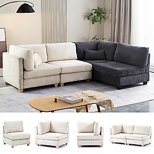 126"Modern Modular Sectional Sofa,L-Shaped Corduroy Fabric Modular Sofa with Movable Ottoman and Pillows,4 Seater Convertible Sleeper Sectional Couches for Small Living Room (Beige, 126"L-4 Seater)