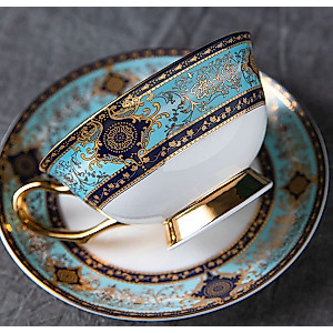 YBK Tech Euro Style Bone China Cup& Saucer Set, Ceramic Tea Coffee Cup for Home Kitchen Wedding (Royal Pattern- Sky Blue)