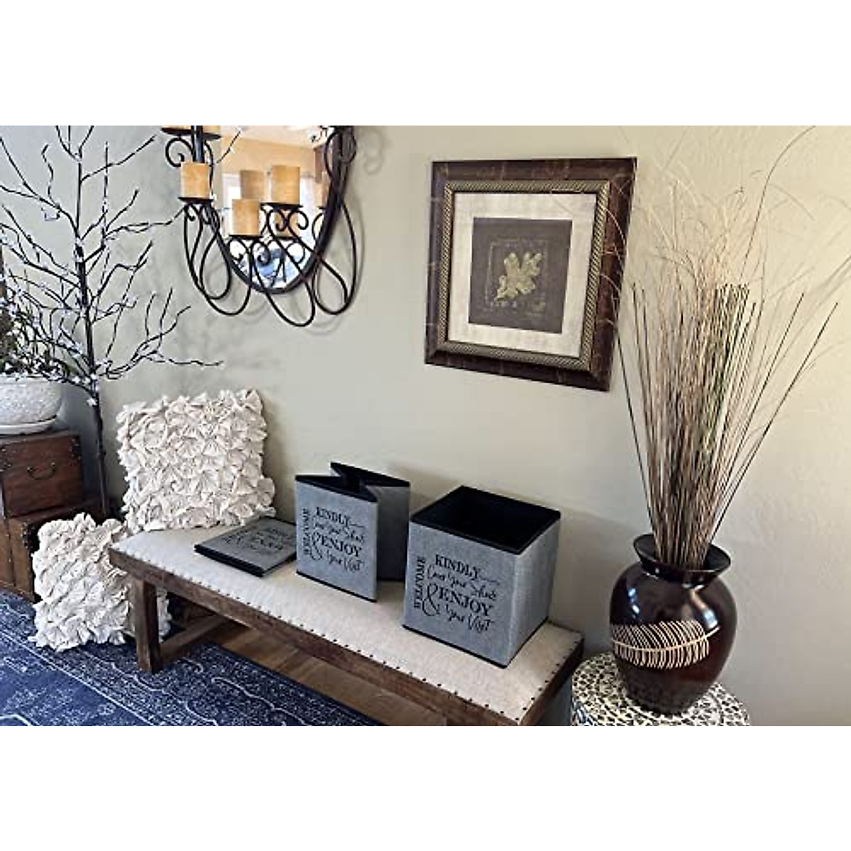Shoe Cover Box - Welcome Guests to Please Cover Shoes. Indoor Foldable Storage Bin to Fill w/your Favorite Booties. For Homeowner, Real Estate Agent, Realtor Open House Supplies | 1 Grey & Black