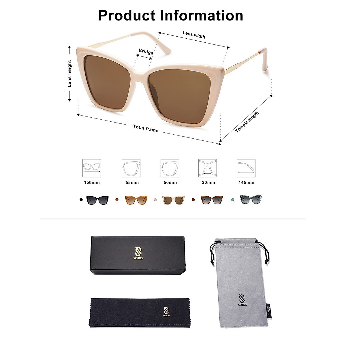 SOJOS Trendy Polarized Sunglasses For Women Retro Womens Oversized Square Cat Eye Sun Glasses UV Protection SJ2206 White Frame Brown Lens