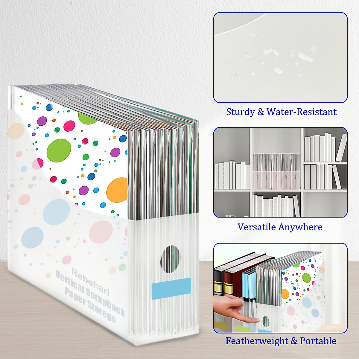 Rebehari 12"x12" Paper Storage Organizer, Vertical Scrapbook Paper Storage with 12 Pcs Sticky Index Tabs, 6 Pcs Foldable Scrapbook Paper Storage Organizer for Files, Cardstock, Magazines, Documents